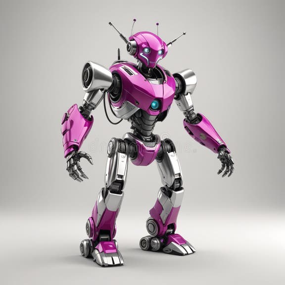 Modern Magenta Robot with Long Arms on White Background Stock ...