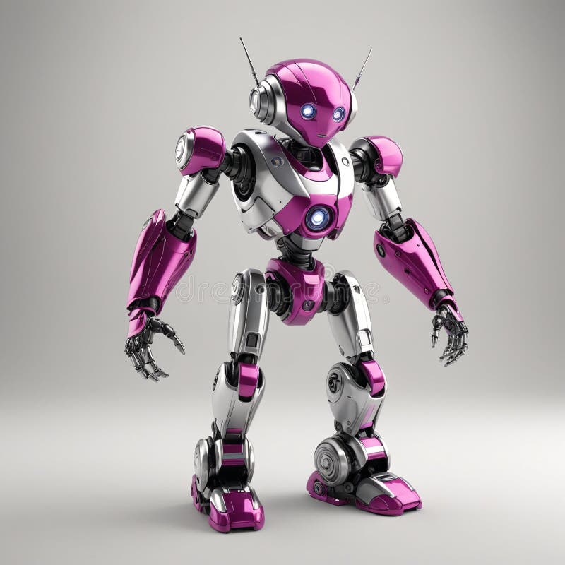 Modern Magenta Robot with Long Arms on White Background Stock ...