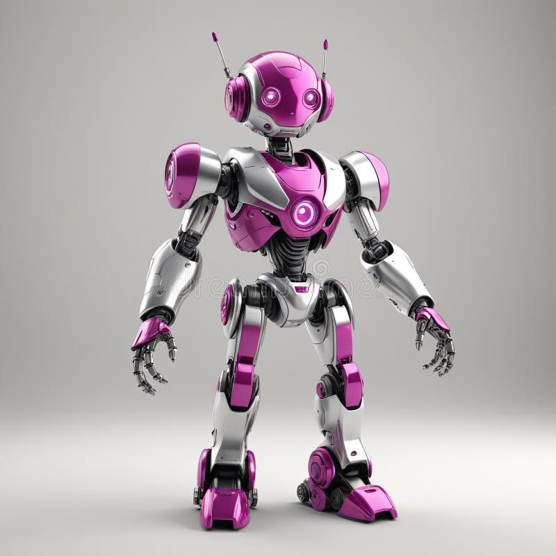 Modern Magenta Robot with Long Arms on White Background Stock ...