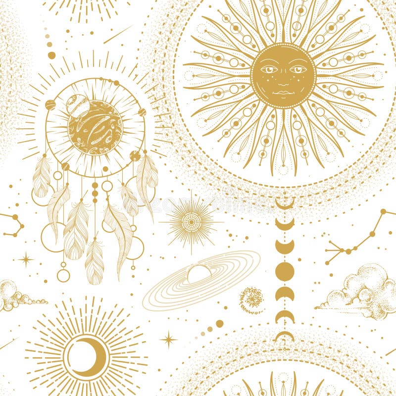 Modern Magic Witchcraft Astrology Seamless Pattern with Sun, Stars ...