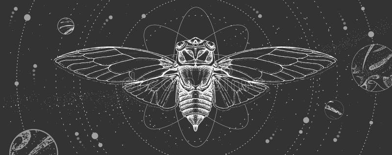 Modern Magic Witchcraft Card with Solar System and Cicada. Hand Drawing ...