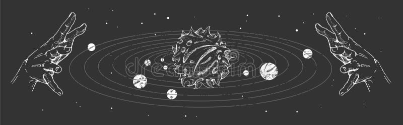 Modern Magic Witchcraft Card with Solar System and Human Hands. Hand ...