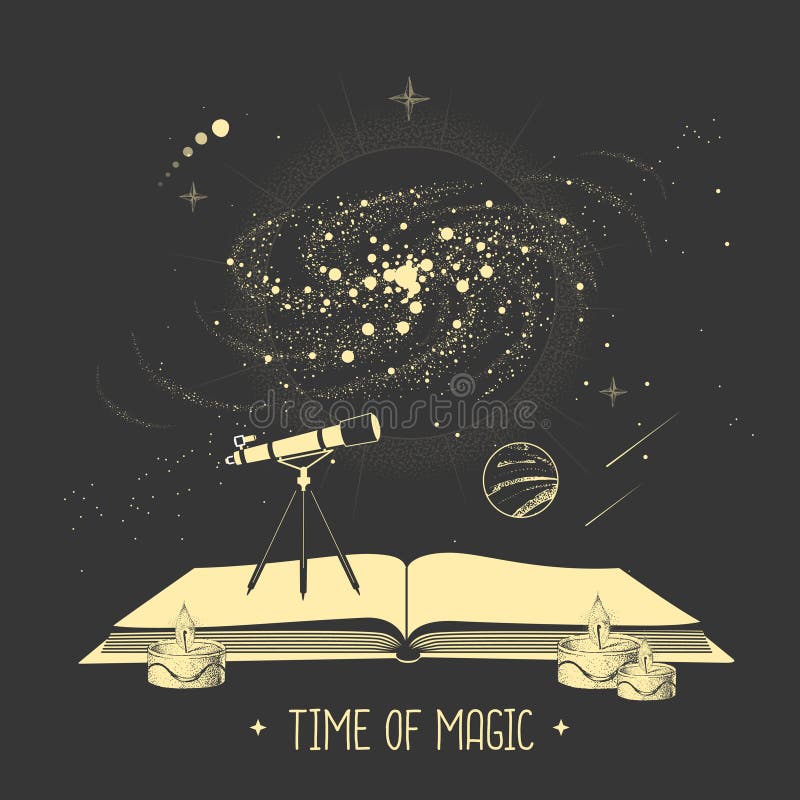 Modern Magic Witchcraft Open Book with Telescope and Outer Space and ...