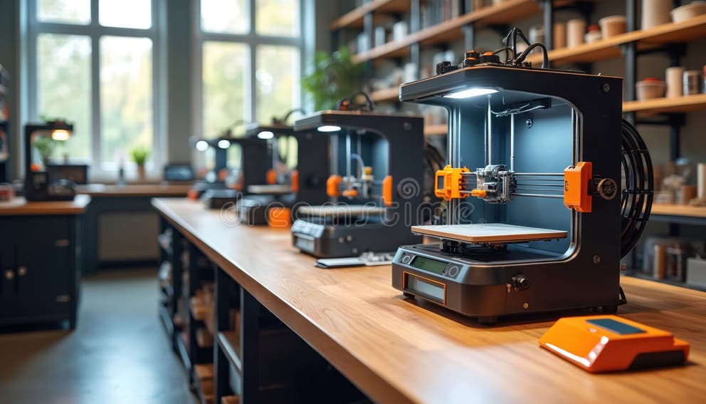 Modern Maker Space Featuring 3D Printers. Workspace with Multiple ...