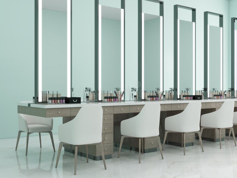 Modern Makeup Studio with Vanity Mirrors and Cushioned Chairs Stock ...