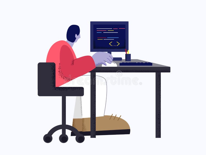 Modern Male Web Developer Working With Program Code Using Computer Isolated At White Background