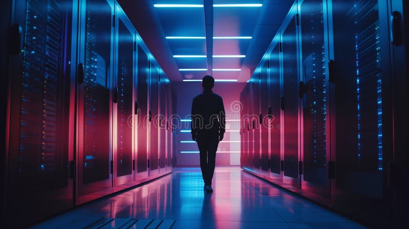 A Modern Man Confidently Walks Down a Futuristic Hallway in a High-tech ...