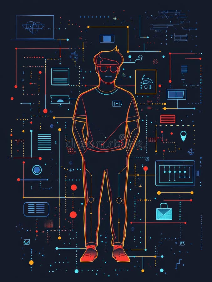 A Modern Man Stands Confidently in a Digital Network of Interconnected ...