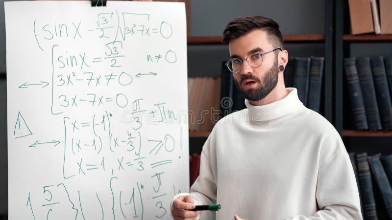Modern Man Teacher Coach Talking Presentation Pointing on Whiteboard ...