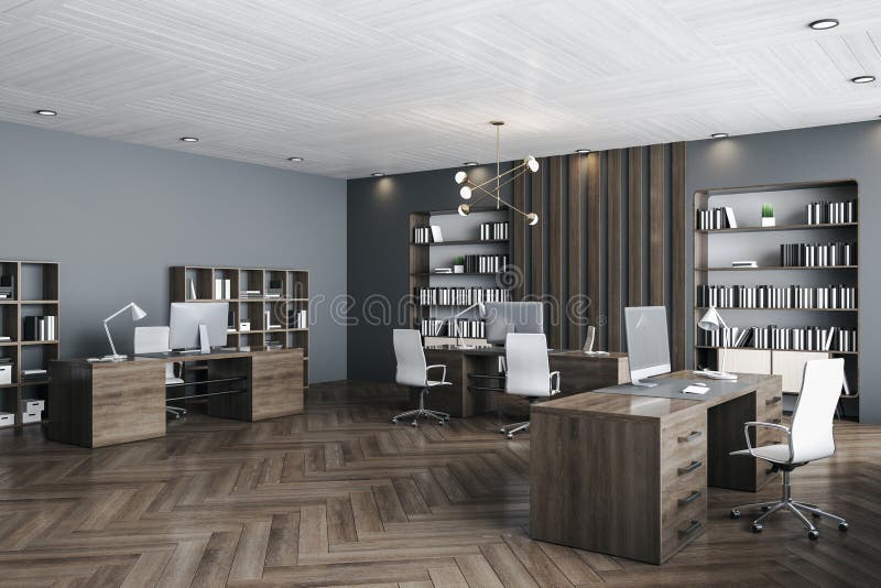 Modern Manager`s Office with Bookcase and Computer on Table Stock ...