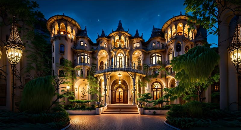 A Modern Mansion at Night with Bright Lights Illuminating the Building ...