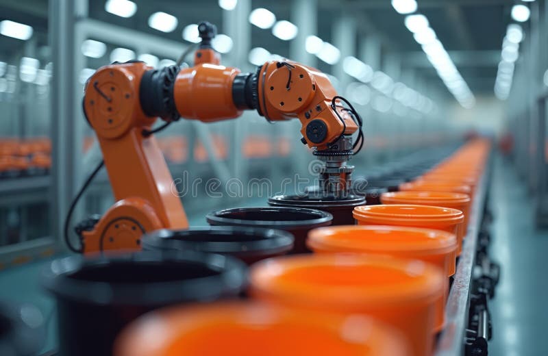 Modern Manufacturing Facility with Robotic Arm Paints Plastic Buckets ...