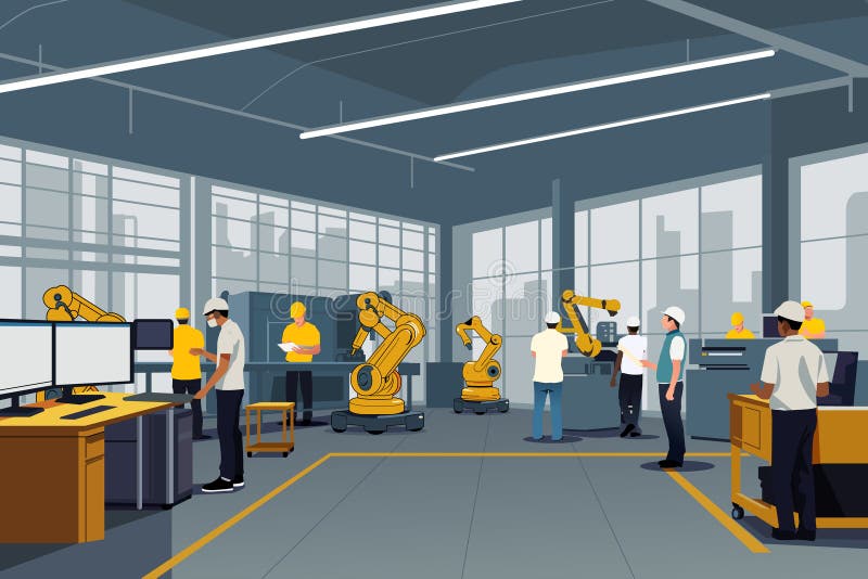 Modern Manufacturing with Mix of People and Robots Vector Illustration ...