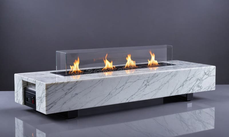 A Modern Marble Fire Pit with a Glass Enclosure, Showing Four Flames ...