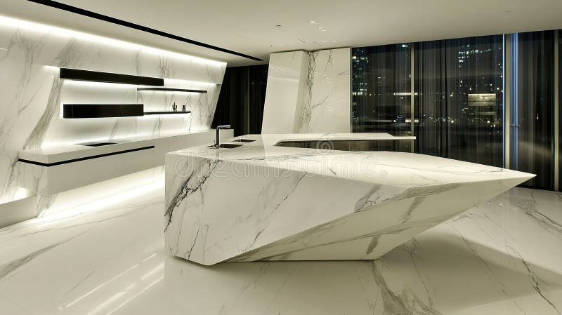 Modern Minimalist White Kitchen Marble Island City View Stock Photos ...