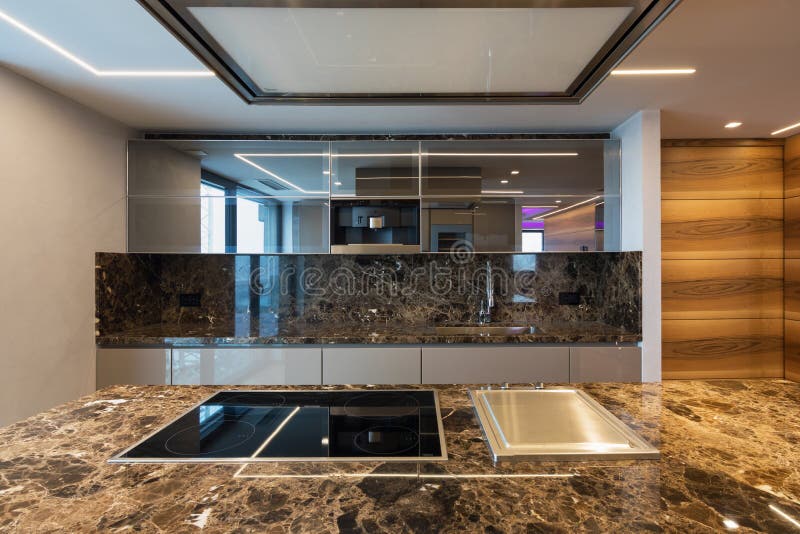 Modern Marble Kitchen with Island Stock Image - Image of stove, indoor ...