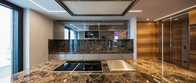 Modern Marble Kitchen with Island Stock Image - Image of hood, polished ...