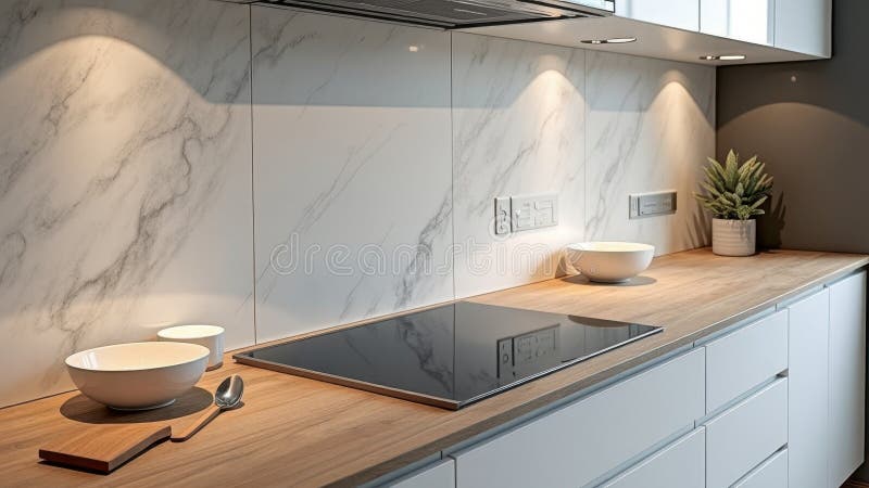 Modern Marble Kitchen with Wooden Countertop and Induction Cooktop ...