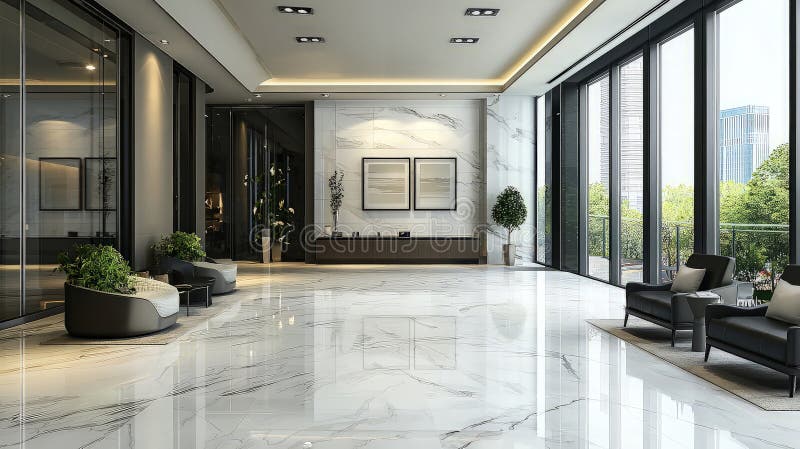 Modern Marble Lobby with Seating, Plants, and Large Windows Offering ...
