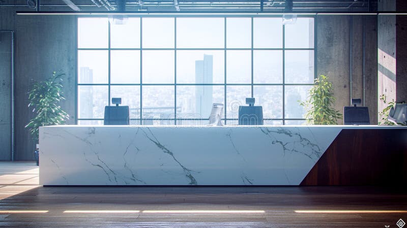 Modern Office Reception Desk with City View Stock Illustration ...