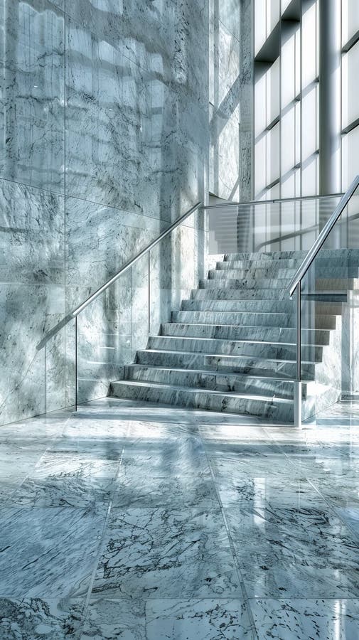 Modern Marble Staircase with Glass Railing in Sunlit Interior ...