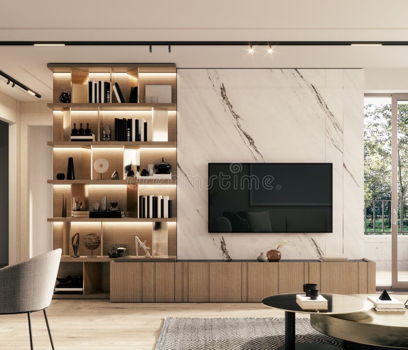 Modern Marble TV Wall with Bookshelf. Home Interior Design Stock ...
