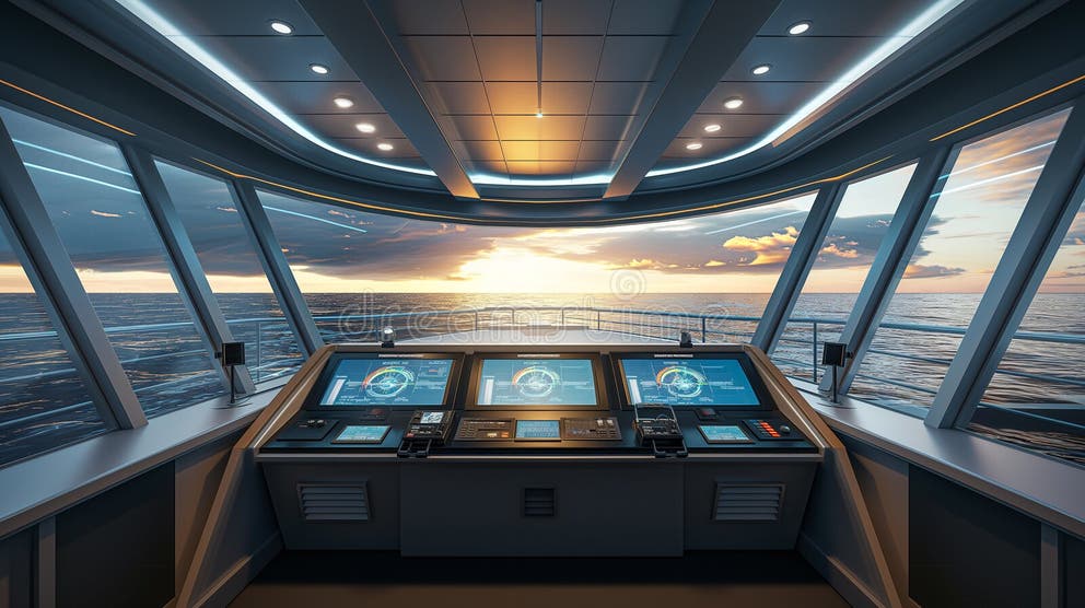 A Modern Maritime Control Room Features Advanced Technology Overlooking the Ocean during Sunset ...