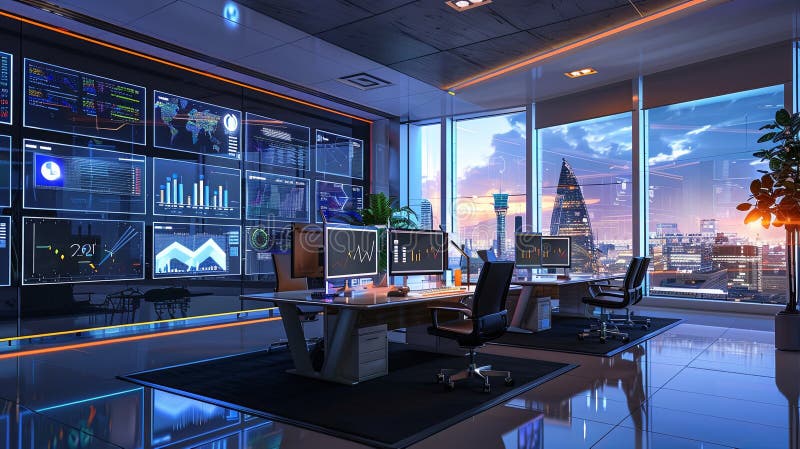 A Modern Marketers Office Featuring Large Screens Displaying AI Algorithms that Analyze User ...