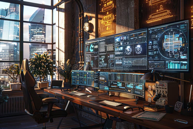 A Modern Marketers Office Featuring Multiple Computer Screens Displaying Data and Analytics from ...