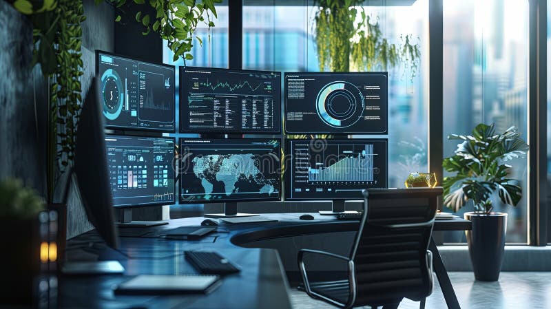A Modern Marketers Office with Multiple Computer Screens Displaying AI Algorithms Analyzing User ...