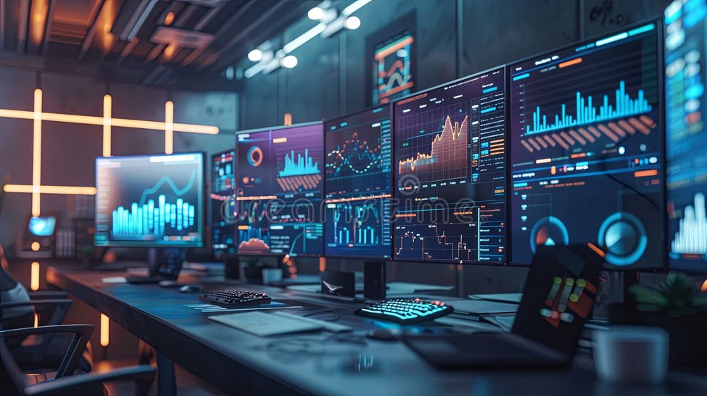 A Modern Marketers Office with Multiple Screens Displaying AI Algorithms Analyzing User Behavior ...