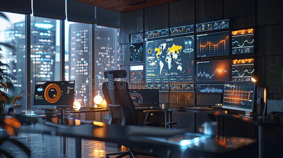 A Modern Marketers Office with Multiple Screens Displaying Data Visualizations and AI Algorithms ...