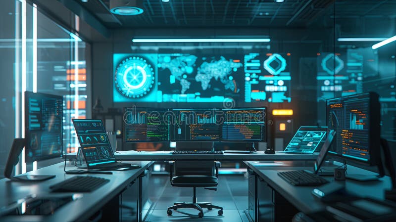 A Modern Marketers Office with Numerous Computer Screens Displaying AI Algorithms Analyzing User ...