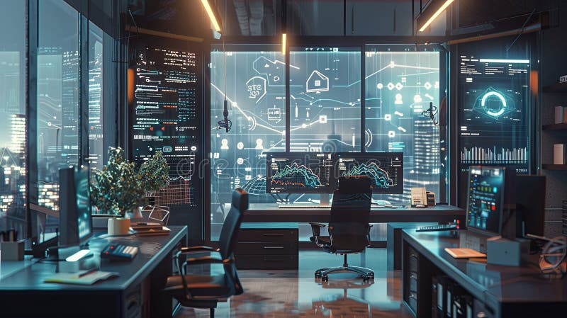 A Modern Marketers Office with Screens Displaying AI Algorithms Analyzing User Behavior and ...