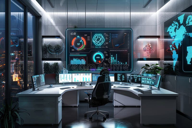 A Modern Marketers Office with Several Computer Screens Displaying AI Algorithms Analyzing User ...