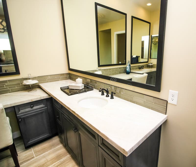 Modern Master Bathroom with Two Vanities Stock Photo - Image of floor ...