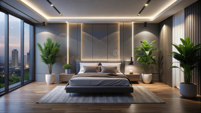 Modern Master Bedroom Interior Design with Night Lighting and City View ...