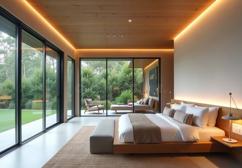 Modern Master Bedroom with Large Windows and Warm Ambient Lighting ...