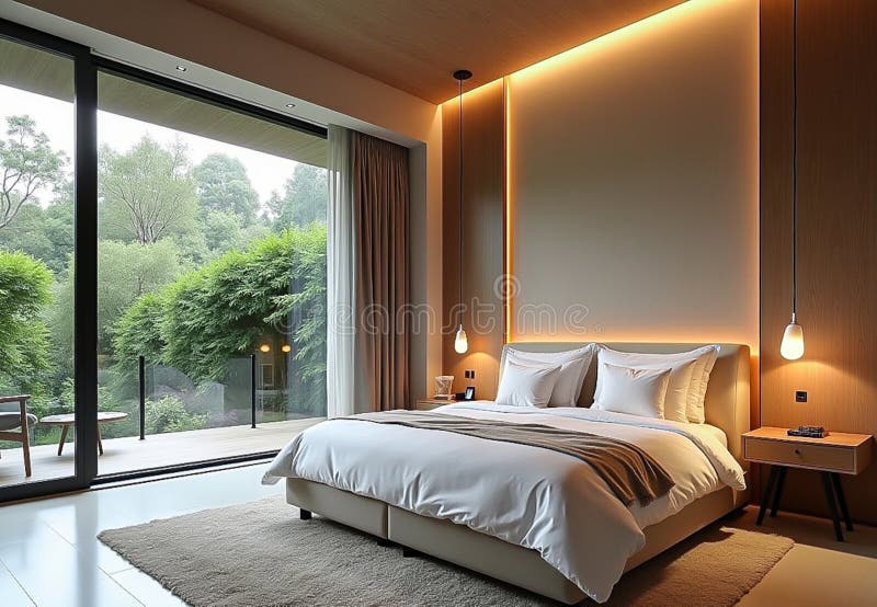 Modern Master Bedroom with Large Windows and Warm Ambient Lighting ...