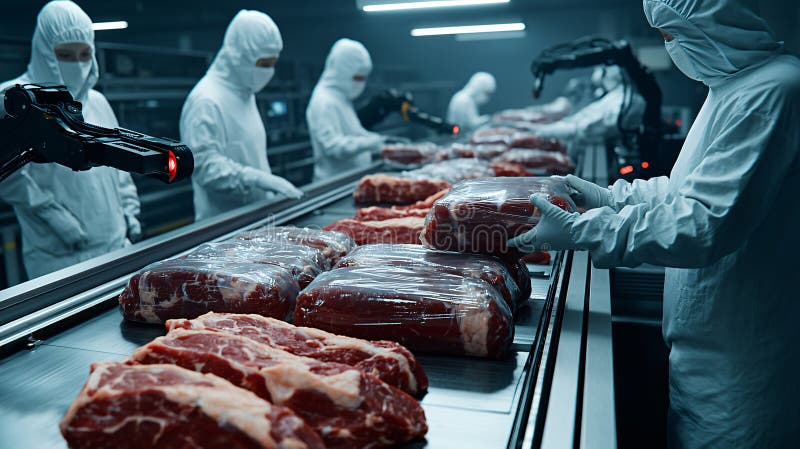 Automated Meat Packaging Line Robotic System Workers in Cleanroom ...