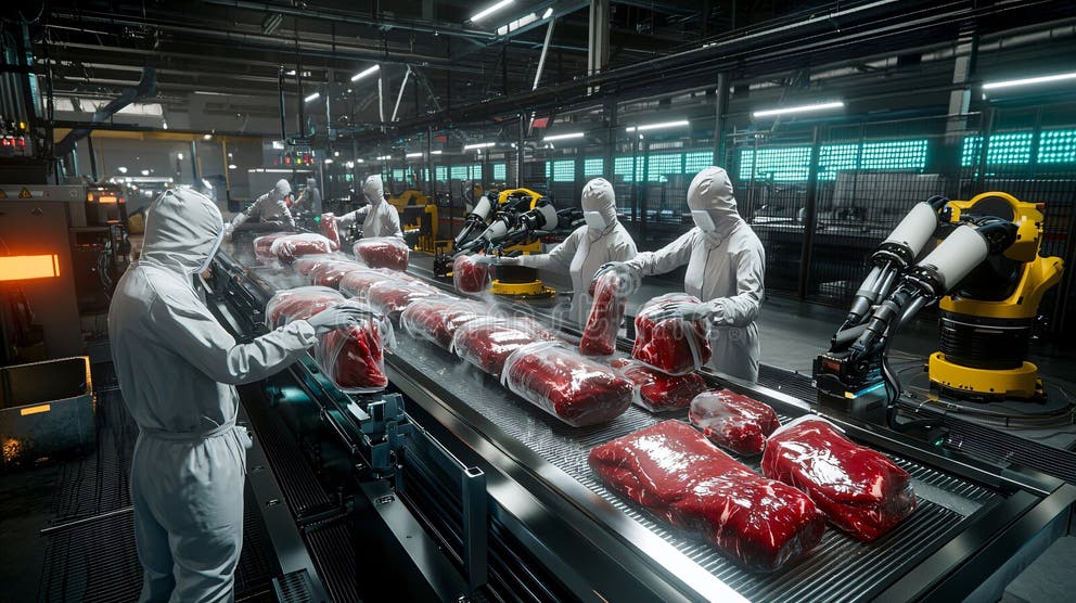 Automated Meat Packaging Factory Workers in Protective Suits Using ...
