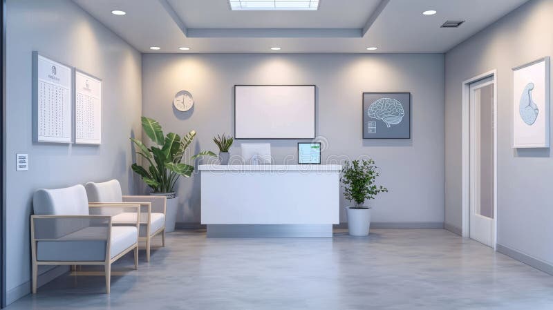 Modern Medical Clinic Reception Area with Blank Frame, Two Chairs, and ...