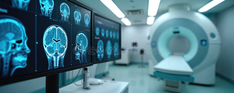 Modern Medical Facility Features Brain Scans Displayed on Monitors. Advanced Imaging Tech ...