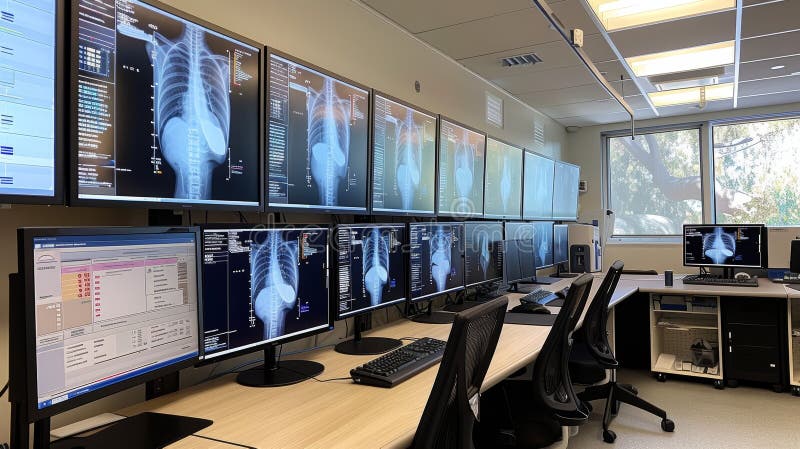 A Modern Medical Imaging Room with Multiple Monitors Displaying X-ray ...