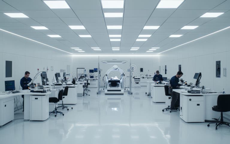 Modern Medical Laboratory with Advanced Equipment, White Workstations, and Technicians Working ...