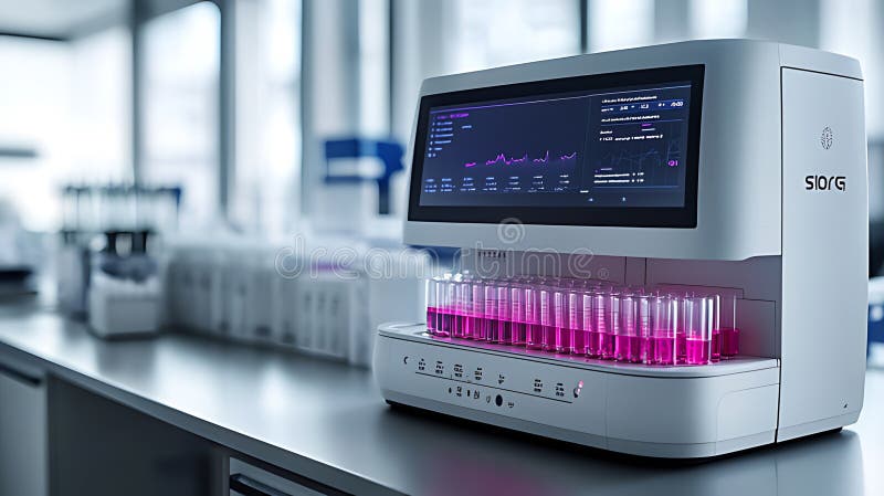 Modern Medical Laboratory Analyzer with Pink Liquid Samples Displayed ...