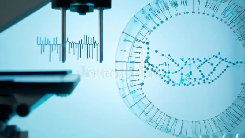 Modern Medical Laboratory Microscope with Blue Data Visualization Stock ...