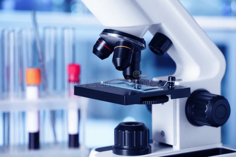 Modern Medical Microscope in Laboratory, Closeup. Space for Text Stock ...