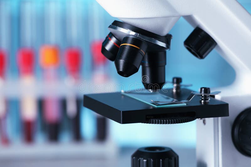 Modern Medical Microscope in Laboratory, Closeup. Space for Text Stock ...