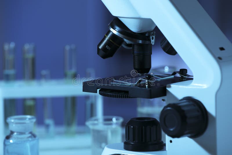 Modern Medical Microscope in Laboratory, Closeup. Space for Text Stock ...